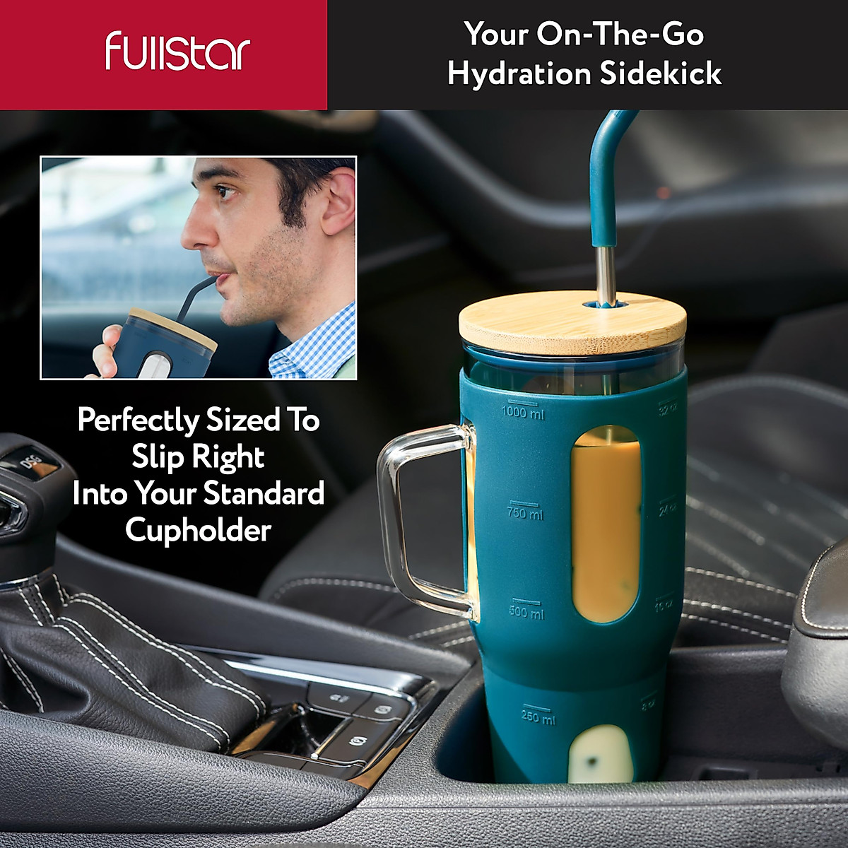 fullstar Glass Cups with Lids and Straws - Drinking Glasses, Glass Tumbler with Straw and Lid, Iced Coffee Cups, Glass Coffee Cups with Bamboo Lids (Dark Teal, 1 Pack)