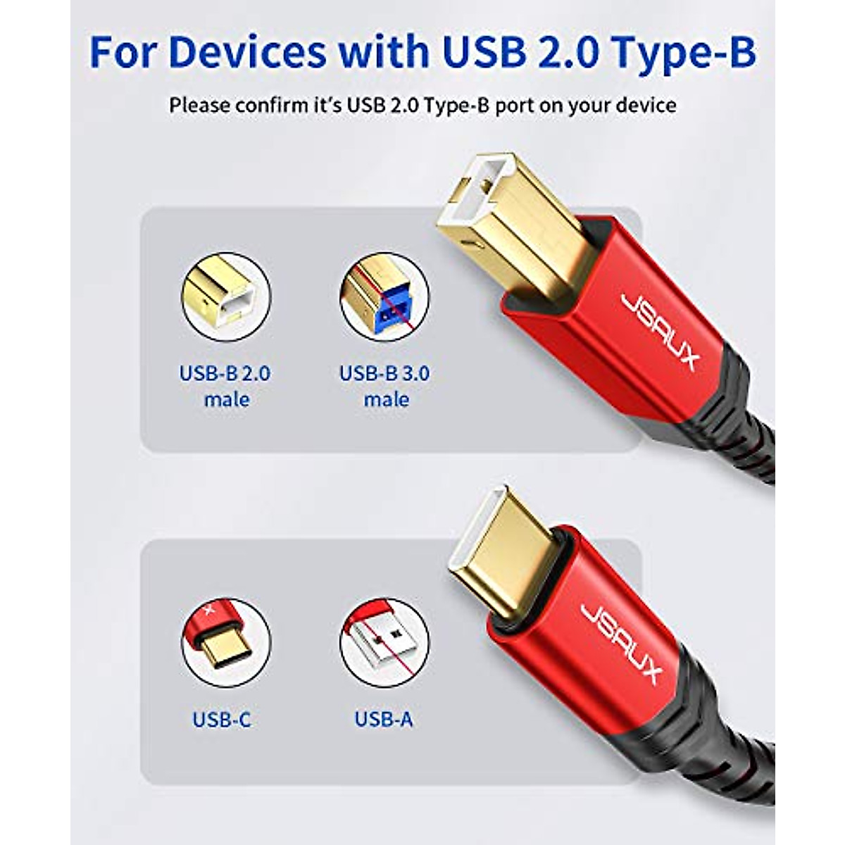 JSAUX USB B to USB C Printer Cable 10ft, USB C to USB B Printer Cable Nylon Braided, USB C MIDI Cable Compatible for MacBook Pro, HP, Epson, Canon, Brother, Lexmark, Xerox Printers and Scanner-Red