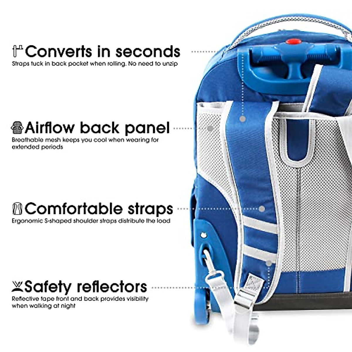 J World New York Sunrise Kids Rolling Backpack for Girls Boys Teen. Roller Bookbag with Wheels, Indigo, 18"