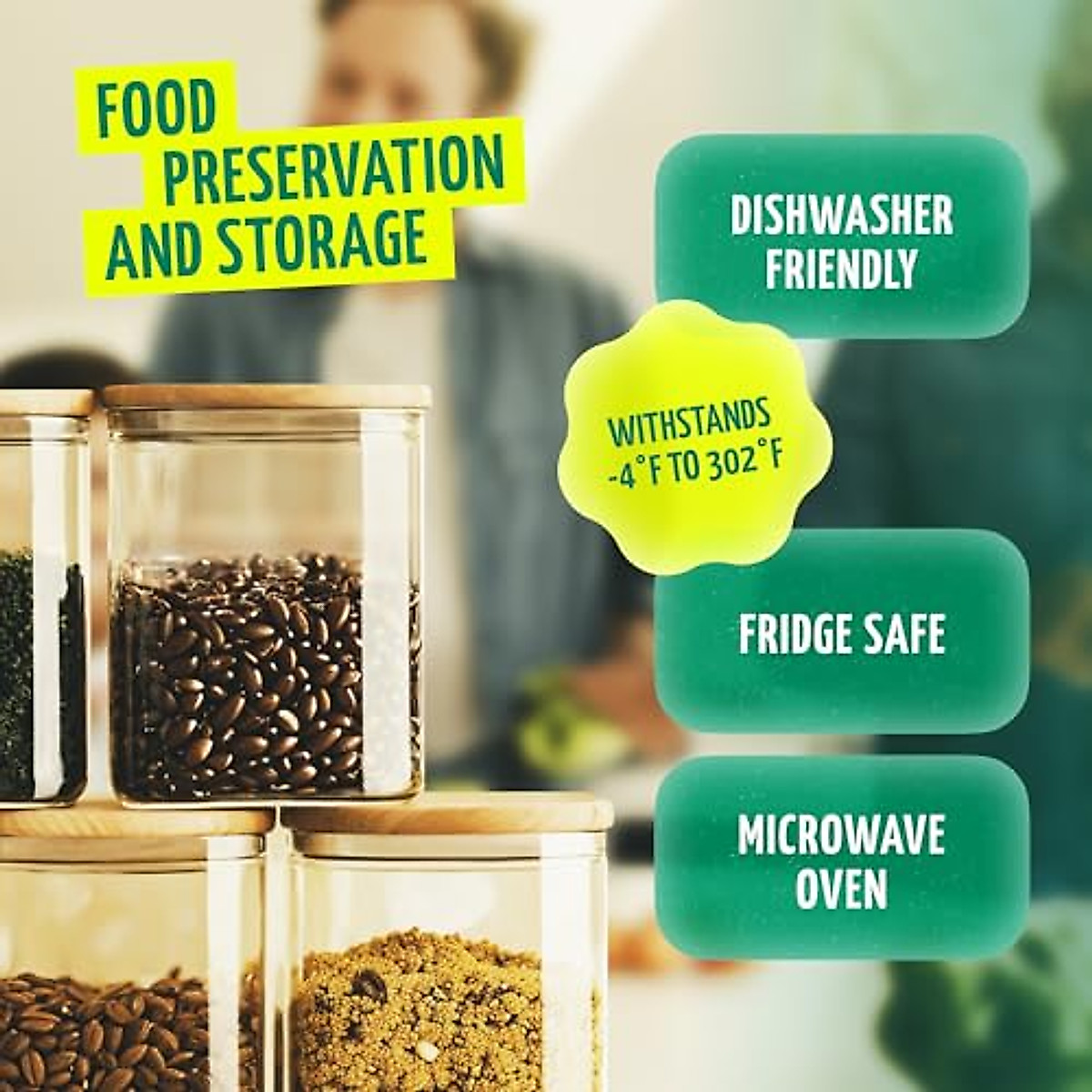 Set of 5 Glass pantry storage containers with lids, Borosilicate Square glass containers with bamboo lids, Cookie jar, Glass storage containers with lids for pantry, Pasta Rice Flour Sugar Tea Beans