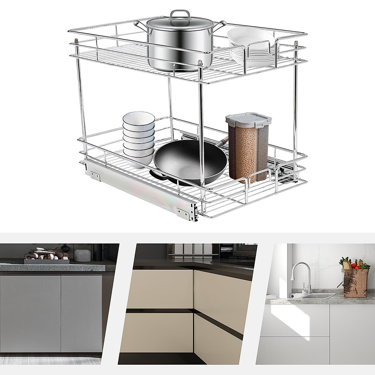 PIOJNYEN Pull Out Cabinet Organizer, 2-Tier Cabinet Pull Out Shelves, Kitchen Cabinet Organizer for Storing Kitchen Utensils Such As Dinner Plates, Bowls, Spices, Baking Supplies, Dishes, Cups,