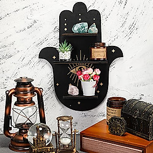 Yulejo Crystal Shelf Display Rustic Wooden Cat Moon Shelves Moth Hamsa Hand Wolf Crystal Holder Shelves Wooden Floating Shelf for Rock Gemstones Meditation Spiritual Gift for Home Bedroom (Hamsa Hand)