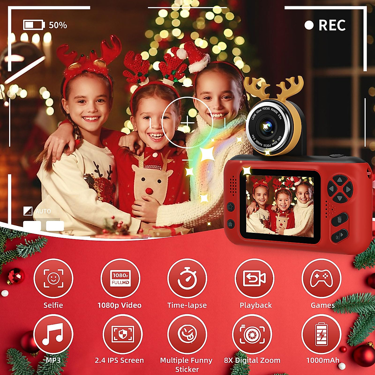 Kids Camera,Christmas Birthday Gifts for Boys and Girls Age 3-8,Kids Video Camera for Toddler 3 4 5 6 7 8 9 Years Old,1080P Volgging Toys Camera for Children Red