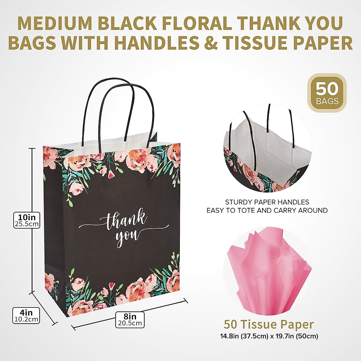 DjinnGlory 50 Pack Medium-Sized Floral Thank You Paper Gift Bags with Handles and Pink Tissue Paper for Boutiques, Weddings, Bridal Showers, Birthday Parties, 10x8x4 Inch (Black & Floral)