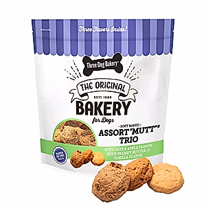 Three Dog Bakery Assort Mutt Cookie Trio, Soft Baked Treats for Dogs, Three Flavor; Oatmeal and Apple, Peanut Butter, and Vanilla, 3 Pound Bulk Resealable Pack