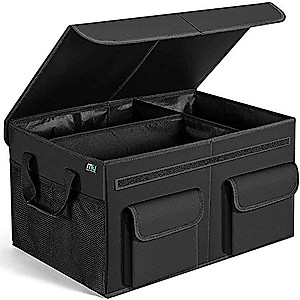 MIU COLOR Car Trunk Organizer with Lid, Foldable Car Storage Organizer with 3 Compartments, 8 Pockets, Leather Handles, Non-Slip Bottom, Car Organizer and Storage for SUV, Van, Grocery, Camping, Black