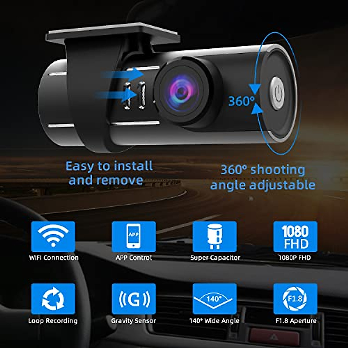 Dash Cam WiFi 1080P FHD,Super Capacitor Mini Dashcam Front,ERIDAX Dash Camera for Cars with APP,360 Degree Rotation,Night Vision,140° Wide Angle,G-Sensor,WDR,F1.8 Aperture,Loop-Recording