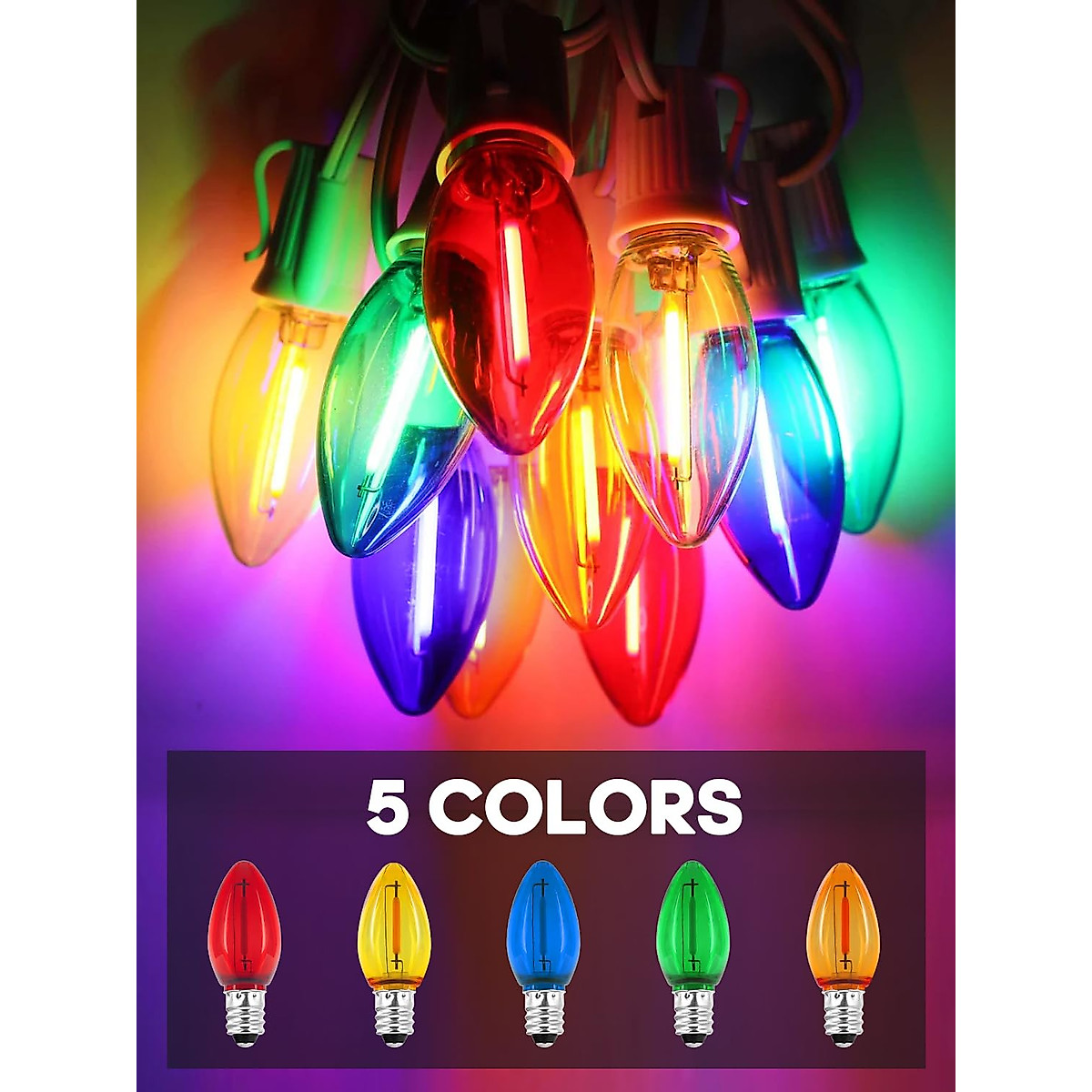 We Charger C7 Colored Light Bulbs, Led Night Light Bulbs Multicolor 25 Pack Outdoor Indoor String Light Replacement, E12 Candelabra Base Bulbs Shatterproof 0.6 Watt