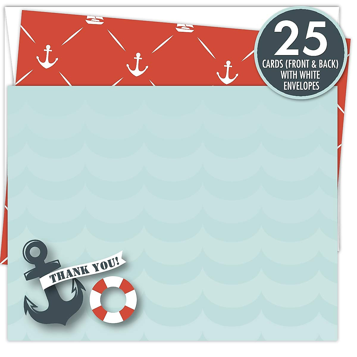 Koko Paper Co Nautical Thank You Cards | 25 Flat Note Cards and Envelopes | Printed on Heavy Card Stock.