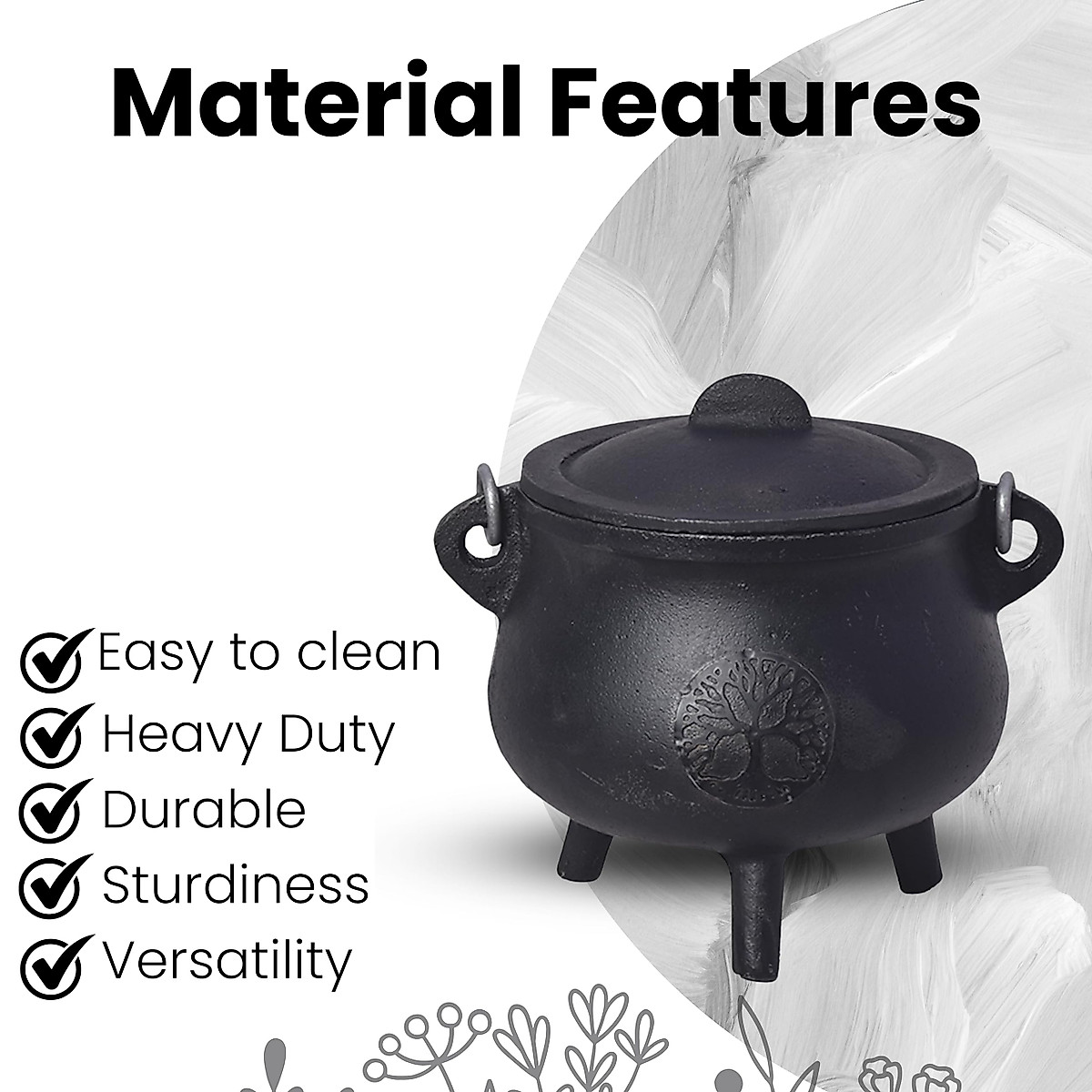 SOUL STICKS Reusable 6 Cast Iron Cauldron with Lid and Hanging Handle for Spell Casting, Smudging, Ritual & Blessings Pot Belly Witchcraft (Tree of Life)