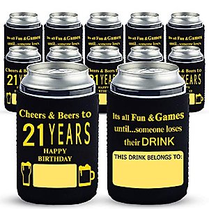 Yangmics Direct 21st Birthday Can Cooler Sleeves - 21st Birthday Party Supplies - Black and Gold Twenyt-first Birthday Cup Coolers-Pack of 12-Born in 2001