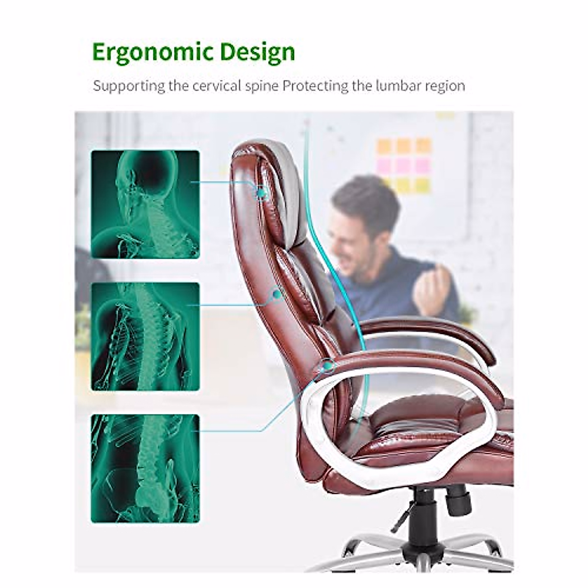 Office Chair Computer High Back Adjustable Ergonomic Desk Chair Executive PU Leather Swivel Task Chair with Armrests Lumbar Support (Brown)