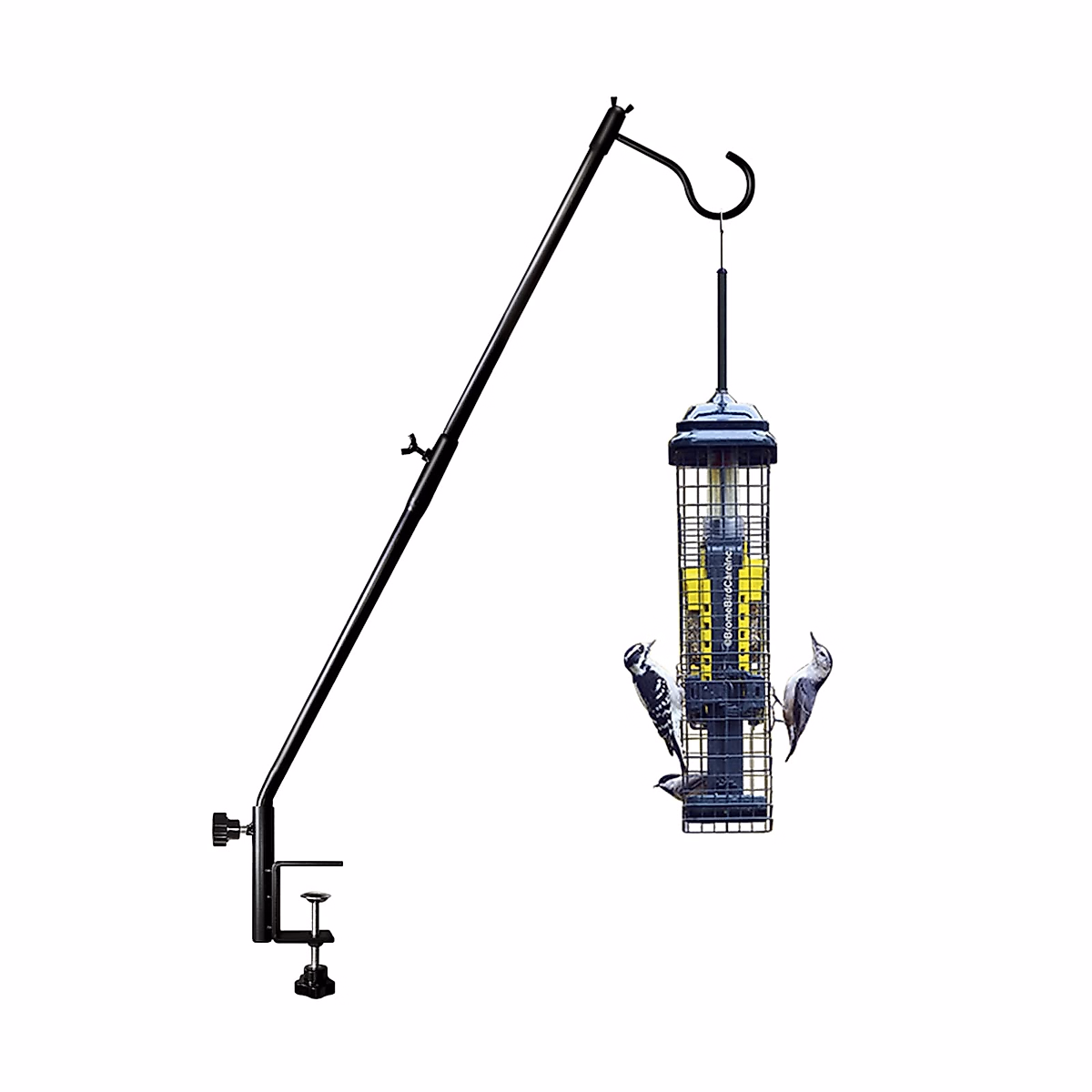 Funtife Deck Bird Feeder Hanger for Railing, 30Inch Heavy Duty Fence Deck Hook Pole, 360 Degree Horizontal Rotary Clamp-On for Hanging Outdoor Plant, Wind Chimes, Lanterns and More, 1Pack