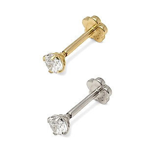 JewelryWeb - Solid 14k Gold 18G Cubic Zirconia Piercing Jewelry for Conch, Tragus, Helix - Labret Cartilage Earring - Internally Threaded Flat Back Stud - Hypoallergenic Body Jewelry