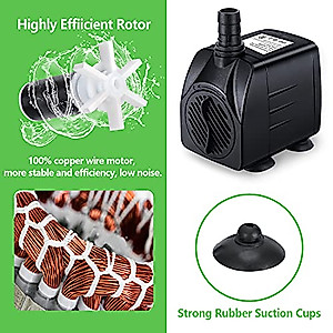 YDDHHB Submersible Pump, 130GPH(10W 500L/H) Fountain Water Pump, Compact Fountain Pump with 6.5ft Power Cord, 3 Nozzles for Fish Tank, Pond, Aquarium, Hydroponics (130GPH)