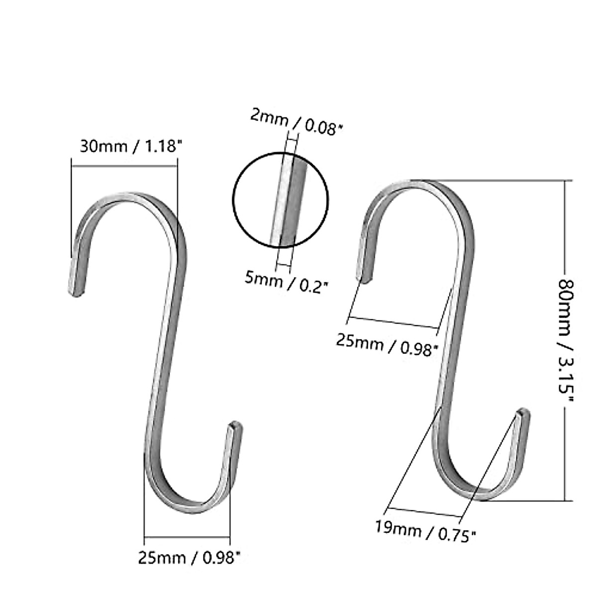 MroMax 304 Stainless Steel S Hooks,80mm/3.15" Silver S Shaped Hook Hangers for Kitchen Bathroom Bedroom Storage Room Office Outdoor Multiple Uses, 10Pcs