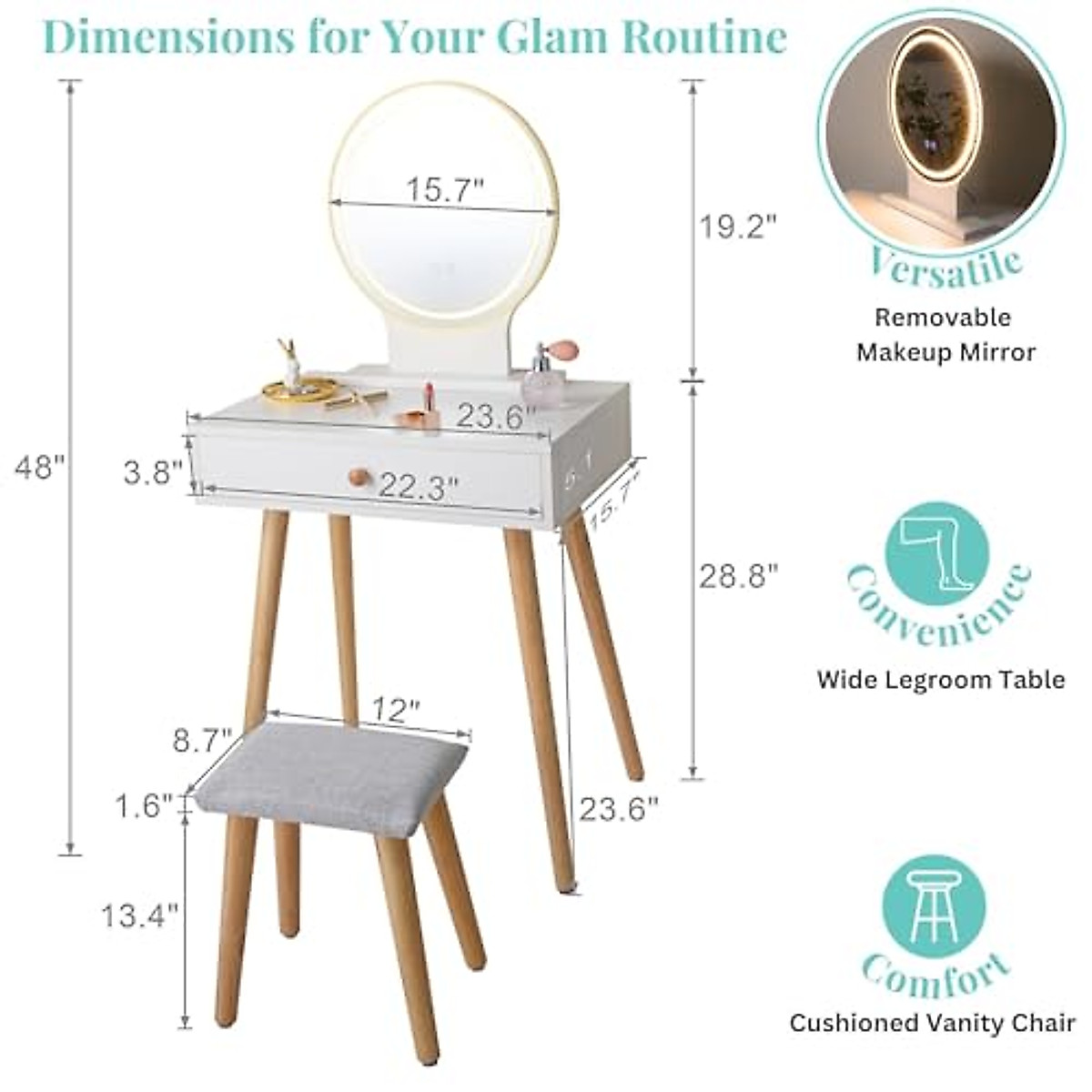 LUXFURNI Vanity Desk with Lighted Mirror, Makeup Vanity Table Set, Adjustable Brightness, Large Drawer Sturdy Wood, Soft Chair Dresser Desk for Bedroom (White, 24x16x44.5H)