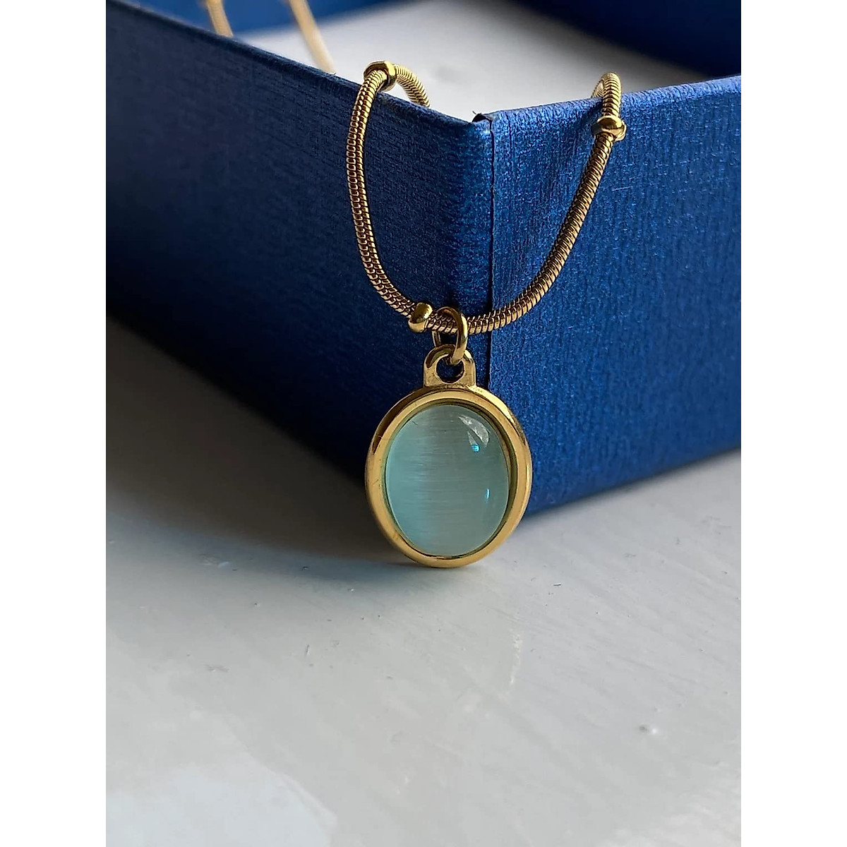 Moonffay Green Created Opal Stone Pendant Gold Necklace for Women,Charm Plated 18k Gold Stainless Steel Snake Chain Non Tarnish Choker Necklaces Woman Jewelry