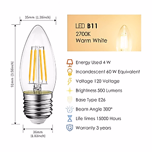 LVWIT B11 LED Filament Bulb E26 Candelabra Medium Base 2700K Warm White, 4W(60W Equivalent) 500 Lumens Non-Dimmable Decorative Candle Light Bulb, Pack of 6