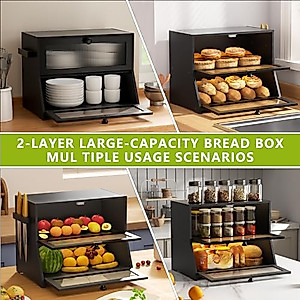 RYLTKISS Bread Box, Large Bread Box with Knife Holder, Large Bread Storage Container for Homemade Bread, Wood Breadbox Organizer for Kitchen Counter Corner, Cabinet, Pantry, Cupboard (Black)