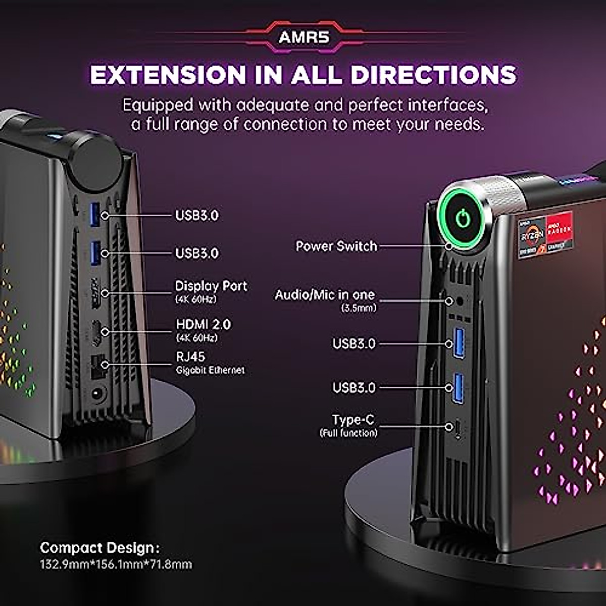 KAMRUI Mini Gaming PC 32GB RAM 512GB SSD with AMD Ryzen 7 5800U, Small Form Factor Radeon Desktop Computer, Micro AMR5 Support 3 Mode PERF Switch, RGB Light, Upgrade Capacity, 4K UHD