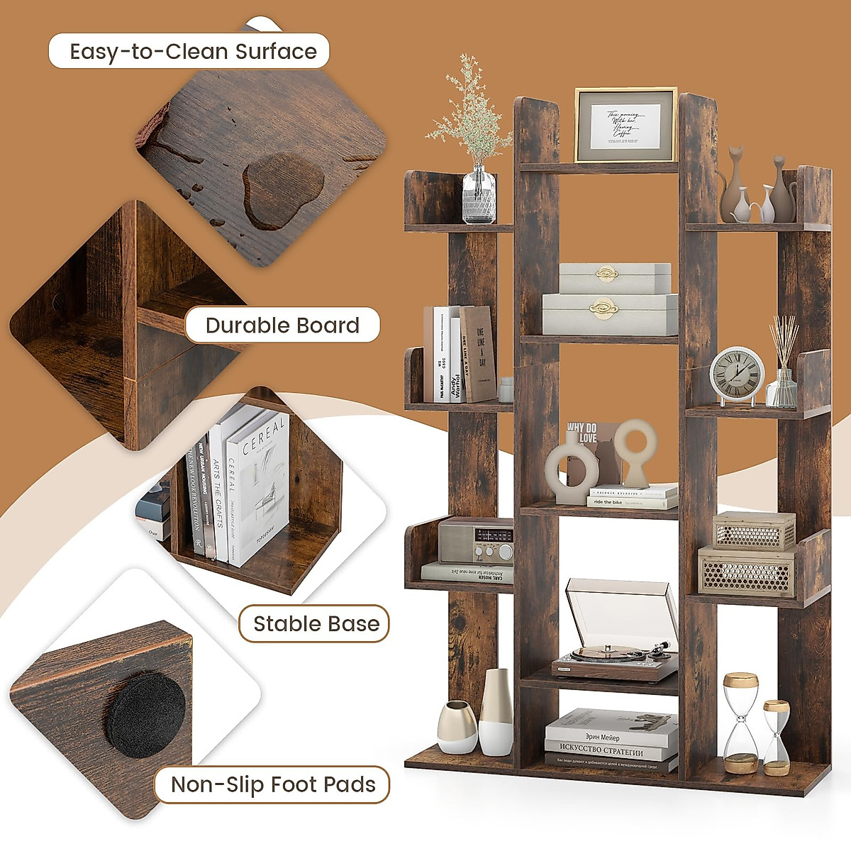 Giantex 7-Cube Tree Bookshelf, 55.5" Wooden Bookcase with 13 Open Shelves, Tall Corner Books Storage Organizer, Freestanding Decorative Display Cube Shelf for Living Room, Study (Rustic Brown)