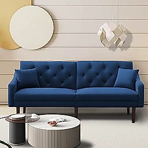 ERYE Modern Velvet Upholstered Futon Sofa with 2 Pillows,72.8” Soft Loveseat Convertible Sleeper Couch Bed for Apartment Office Small Space Living Room Furniture Sets,Sofa & Couch, Blue