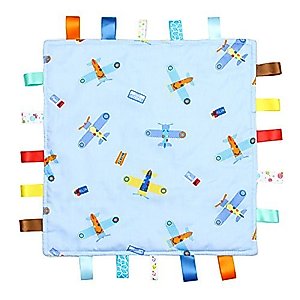 Blue Baby Comforter Blanket - Multi Coloured Airplane Security Blanket with Plain Blue Textured Underside