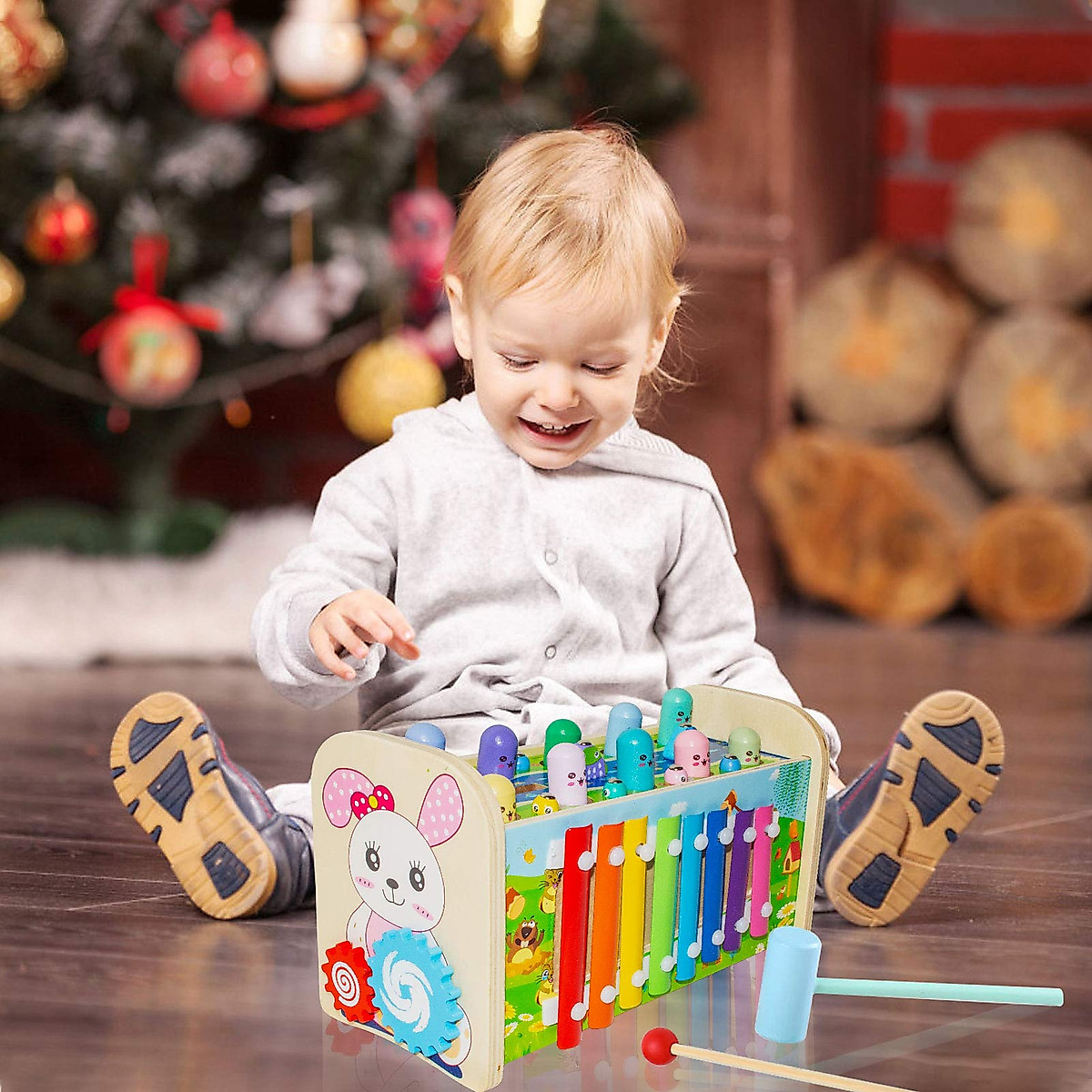 Aomola Wooden Hammering Pounding Toy Bench with Fishing Game, Xylophone, Moving Gears, Clock, Educational Montessori Musical Toys Gifts for Toddlers Kids Baby Boys Girls