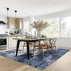 Andency Washable Area Rug 5x7, Modern Abstract Living Room Rugs, Non Slip Carpet for Bedroom Dining Room, Large Soft Satin Resistant Home Decor Rug, Blue