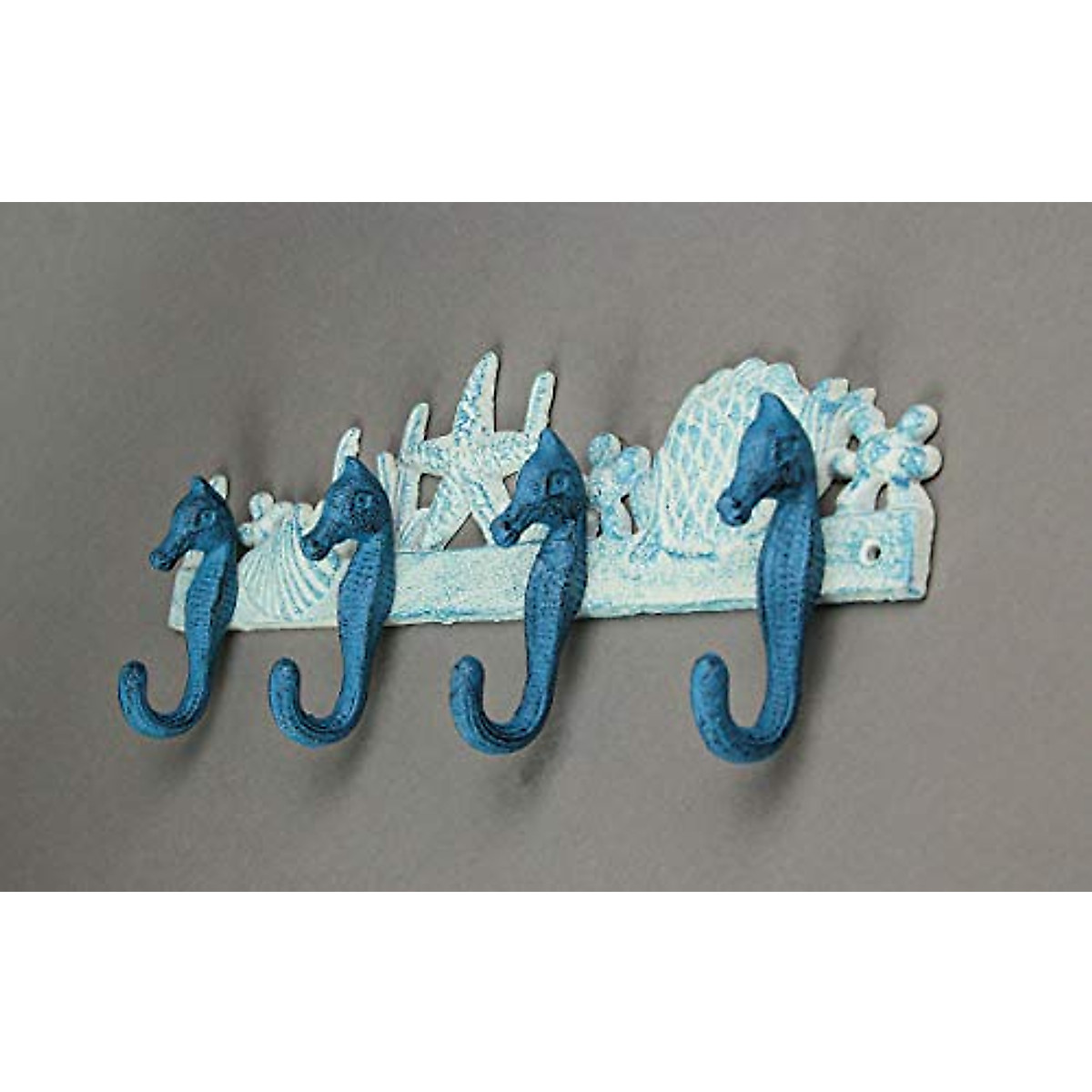 Blue and White Cast Iron Seahorses Decorative Wall Hook Nautical Sea Life Hanging Towel or Coat Rack Beach Home Coastal Accent Decor