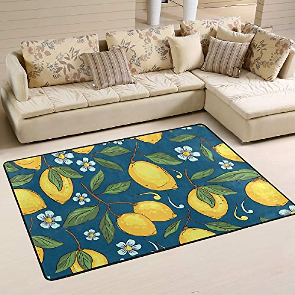 ALAZA Tropical Yellow Lemon Navy Blue Area Soft Non Slip Floor Mat Washable Carpet for Bedroom Living Room 1 Piece 4x6 Feet