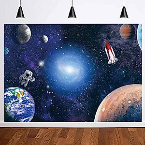 VOUORON Outer Space Happy Birthday Photography Backdrop for Kids Baby Astronaut Rocket Banner 7x5ft Universe Planet Photo Background for Children's Birthday Galaxy Planet Party Photo Studio Props