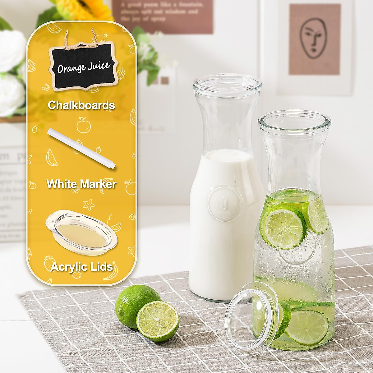 Woisut Set of 4 Glass Carafe with Lid, 1 Liter Beverage Glass Carafe, Juice Carafe Water Pitcher for Mimosa Bar Supplies, Brunch, Drink, Milk, Cold Water, Iced Tea, Lemonade