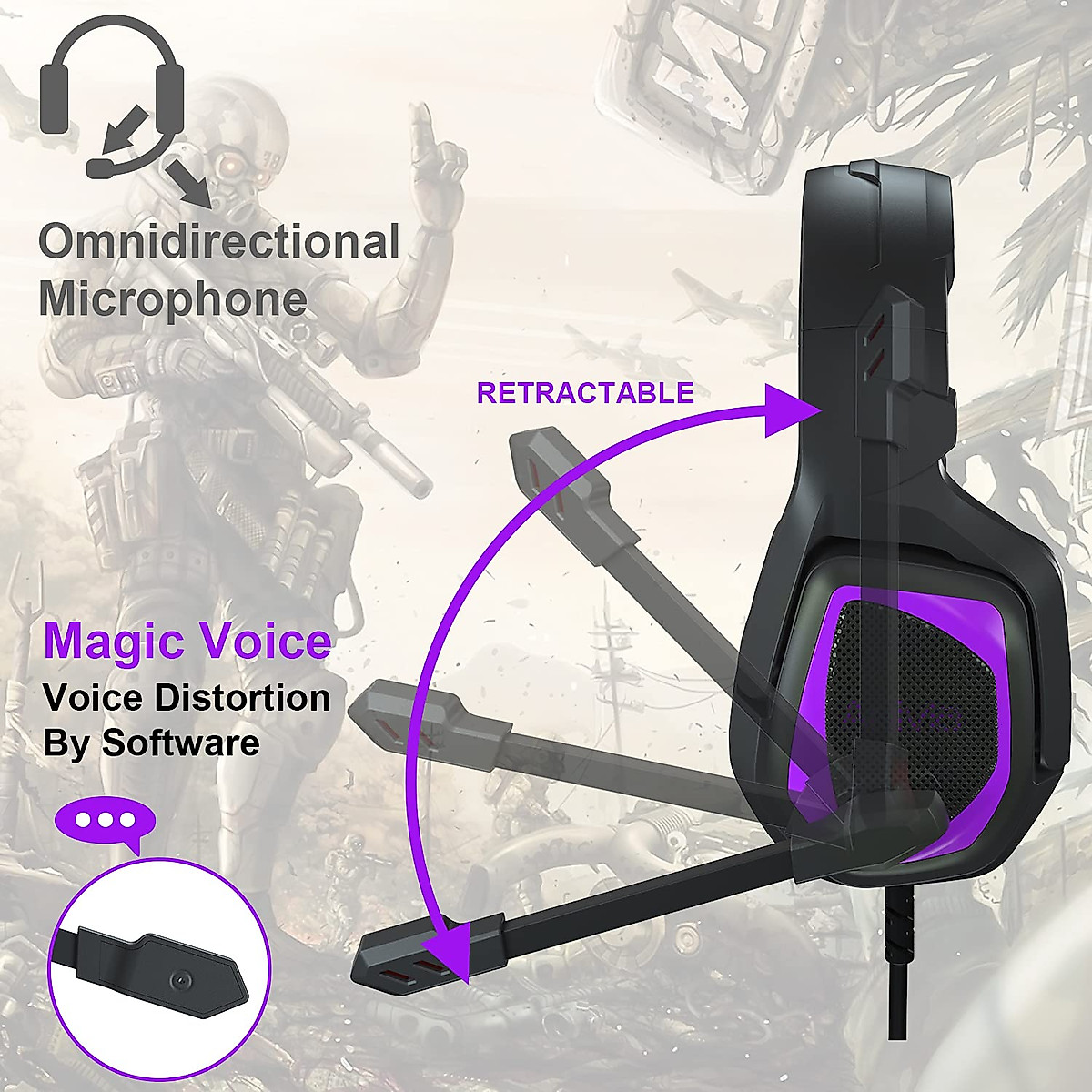 Anivia Over Ear Headphones Wired with Surround Sound, Bass, Volume-Control, Soft Memory Earmuffs for Multi-Platforms - 3.5mm Headsets Stereo Gaming Headset with Microphone - Black Purple