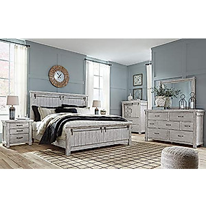 Signature Design by Ashley Brashland Farmhouse 5 Drawer Chest with Dovetail Construction & Sliding Barn Door Revealing Adjustable Shelf, Textured White