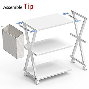 VEDECASA White Mobile Printer Stand 3 Tier Wood Shelf Metal Frame Printer Cart with Storage Bag for Home Office Modern Under Desk Table Side Printer Cart with Rolling Caster Wheel (White)