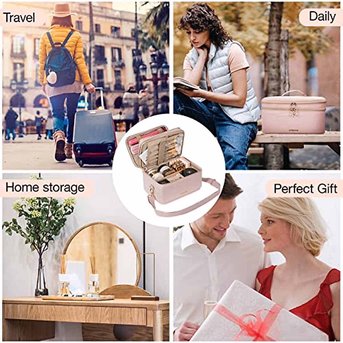 BAGSMART Medium Makeup Bag, Double Layer Large Cosmetic Makeup Organizer Travel Makeup Train Case with Shoulder Strap for Cosmetics Makeup Brushes Toiletries Travel Accessories (Pink)