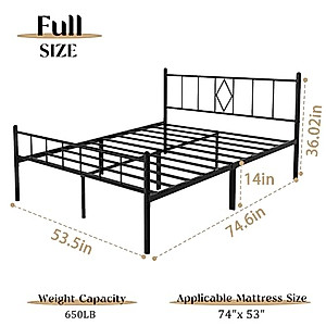 Mavesmog Full Size Bed Frame 14 inch Metal Platform Mattress Foundation with Headboard Footboard, Heavy Duty Full Bed Frame, No Box Spring Needed, Under Bed Storage Easy Assembly