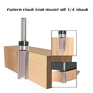 SICWOOD 9pcs Pattern Flush Trim Router Bit 1/4 Shank, Carbide Tipped Top Bearing Template Pattern Router Bit, Straight Flush Cut Router Bit, for Wood Trimming