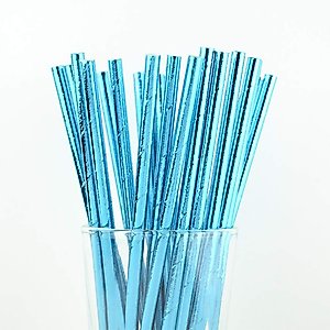 100 pcs Shimmer Plain Blue Foil Paper Straws, Shiny Pure Solid Color Metallic Party Vintage Paper Drinking Straws Bulk, Wedding Holiday Birthday Baby Shower Cake Pop Sticks