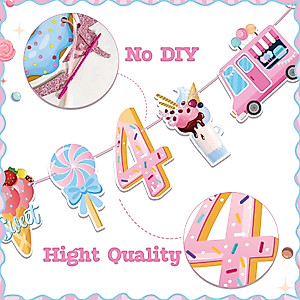 JUYRLE Four Sweet Birthday Decorations- 4 Ever Sweet Party Banner with Donut, Ice Cream, Macaron Pink Theme fourth Birthday Party Decor for baby Girls 4th Birthday Supplies