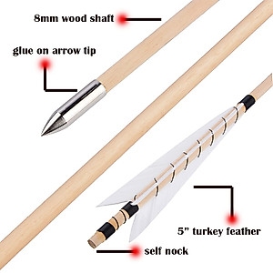 SHARROW 32 Inch Archery Traditional Wooden Arrow Hunting Arrow Pracrice Target Wooden Arrow Shaft with 5" Turkey Feather Fletching and Field Point for Longbow Traditaonal Bow (12 pcs)