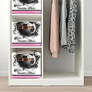 Soccer Sport Art Pink Personalized Storage Bins Baskets Cubes Organizer with Handle for Shelves Closet Nursery Toy 2 Packs
