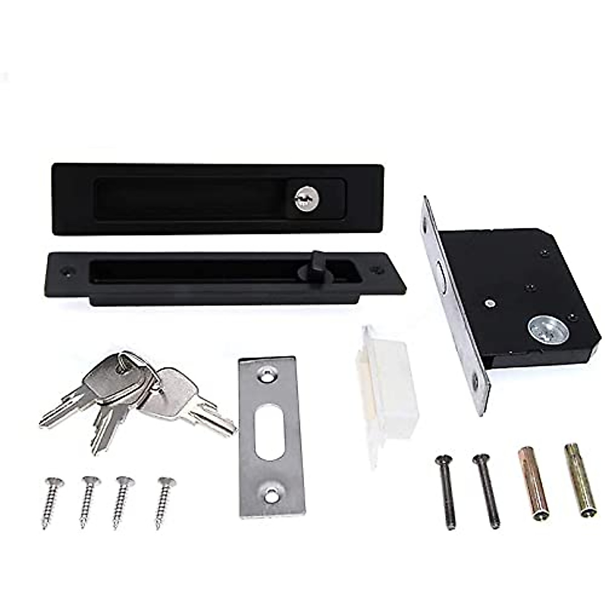 LWZH 7.1" Matte Black Privacy Pocket Door Lock Hardware, Invisible Recessed Handle Latch with Keys, Sliding Door Mortise Lock, Double Barn Door Lock Furniture Hardware