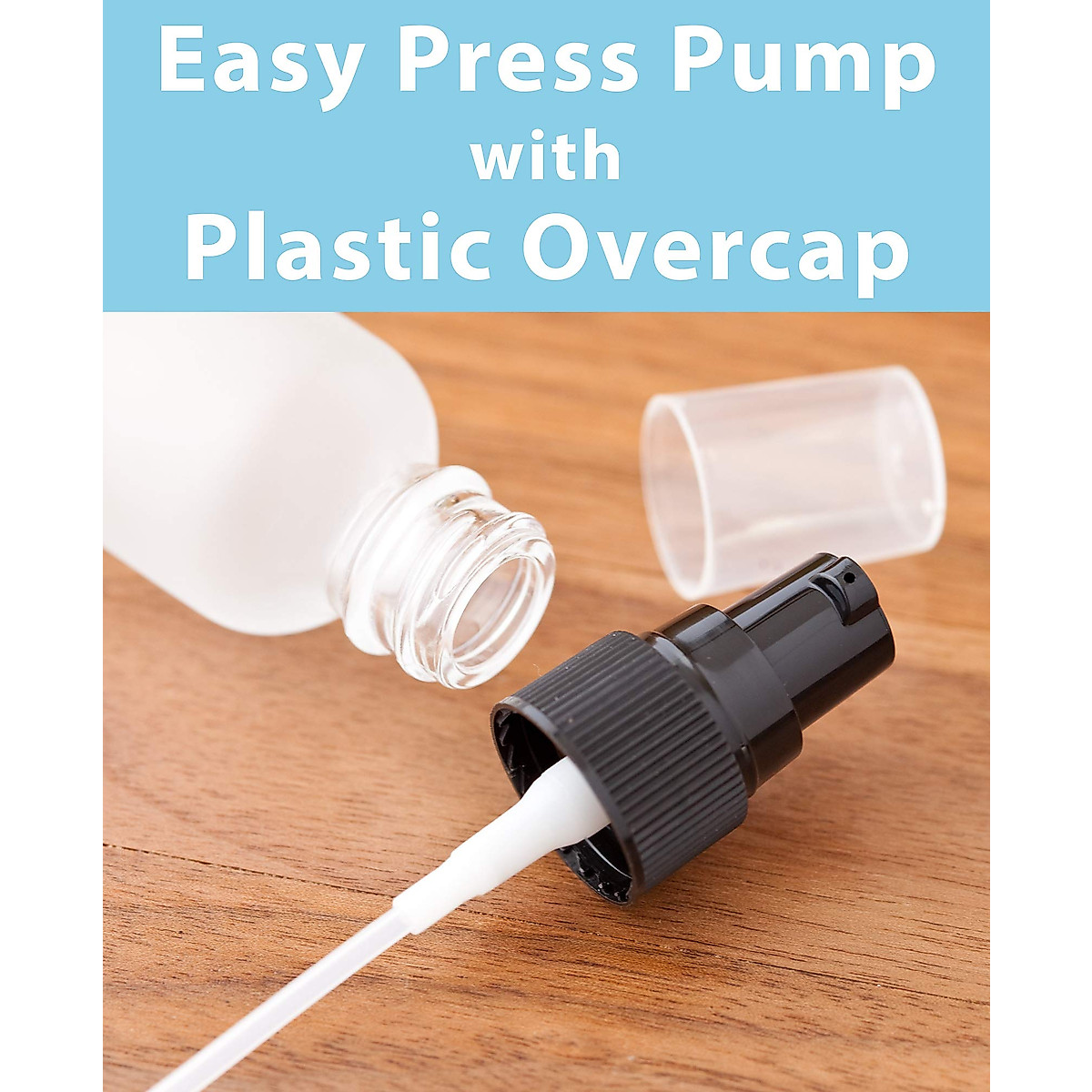 1 oz / 30 ml Frosted Clear Glass Boston Round Bottle with Black Treatment Pump (24 Pack) + Funnel