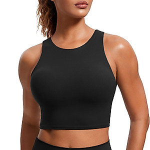 CRZ YOGA Butterluxe Racerback High Neck Longline Sports Bras for Women - Padded Workout Crop Tank Tops with Built in Pads Black Large