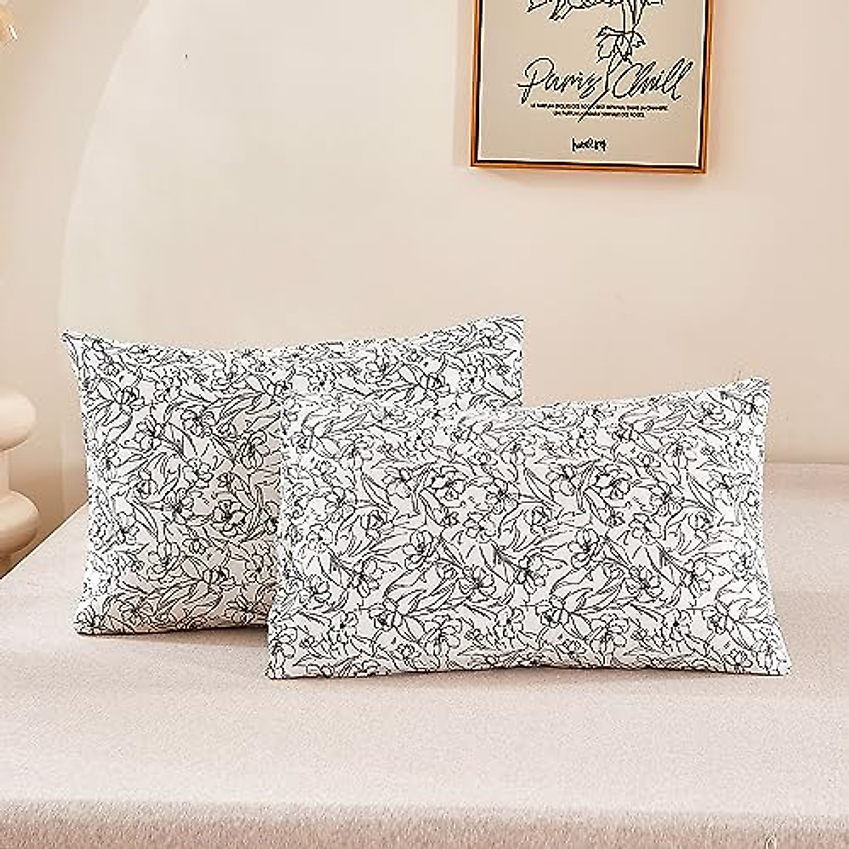 ECOCOTT 2 Pack Pillowcase Standard Size with White & Black Floral Pillow Cases Set, 100% Cotton Standard Pillow Covers Envelope Closure (Standard, 20"x26")