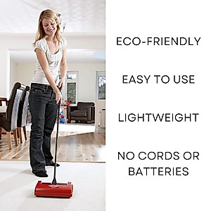 Ewbank 525 Speedsweep Compact Manual Floor Sweeper for Cleaning Floors and Carpets, 3.7-Foot Handle, 8-inch-Wide Sweeping Path, Red