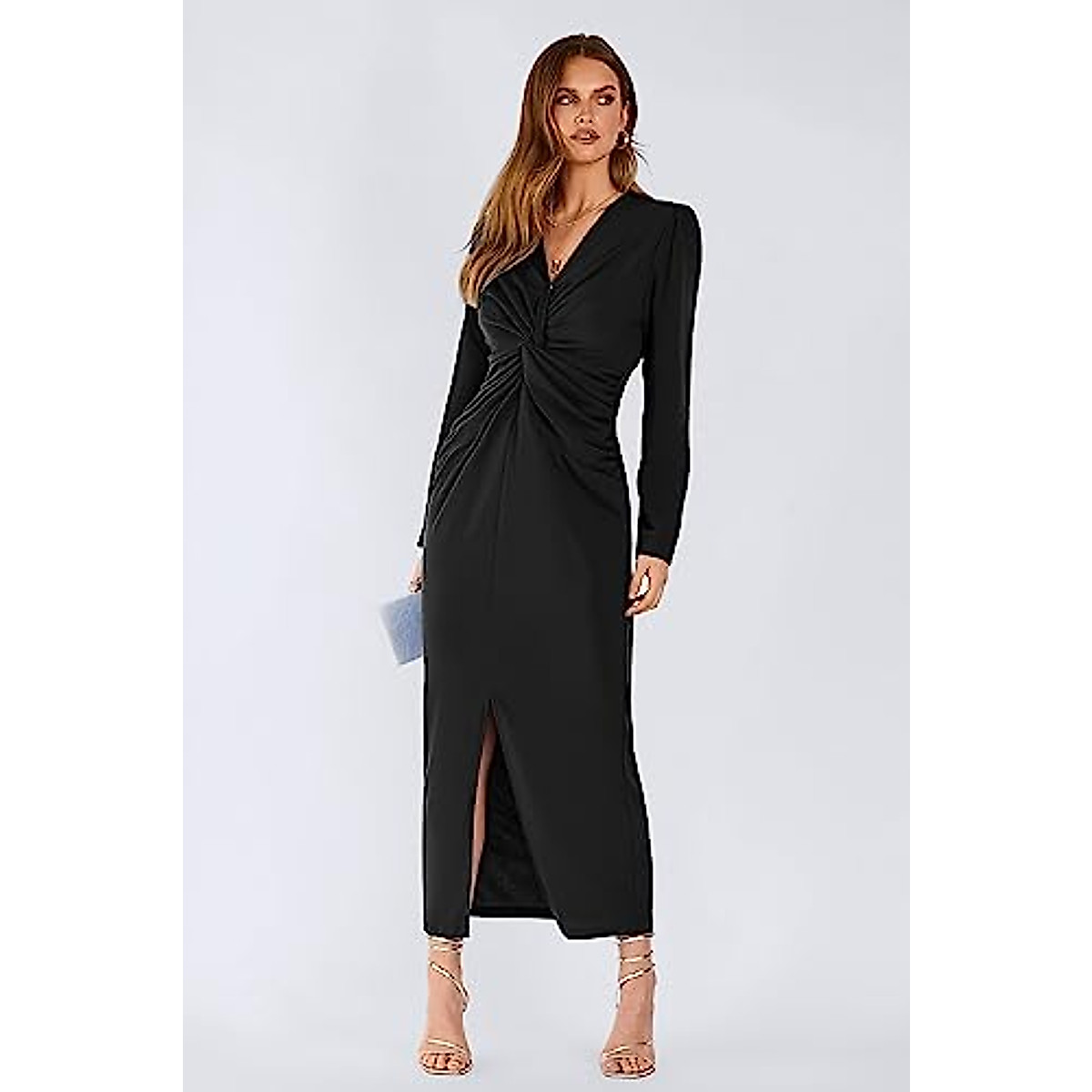 PRETTYGARDEN Women's Fall Fashion 2023 Long Puff Sleeve Maxi Dresses V Neck Twist Front Formal Dress with Slit (Black,Medium)